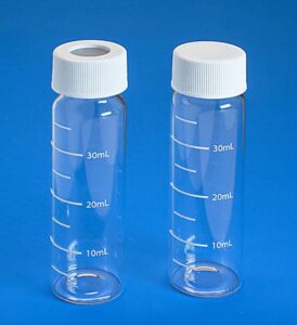 jg finneran 9-093 clear borosilicate glass standard voa vial with white polypropylene open top closure and 0.100" ptfe/silicone septa, 24-414mm cap size, 60ml capacity (pack of 72)