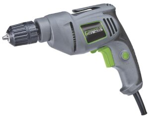 genesis 4.2 amp corded drill variable speed reversible electric with 3/8-inch keyless chuck, belt clip, rubberized grip, lock-on button and 2 year warranty (gd38b)