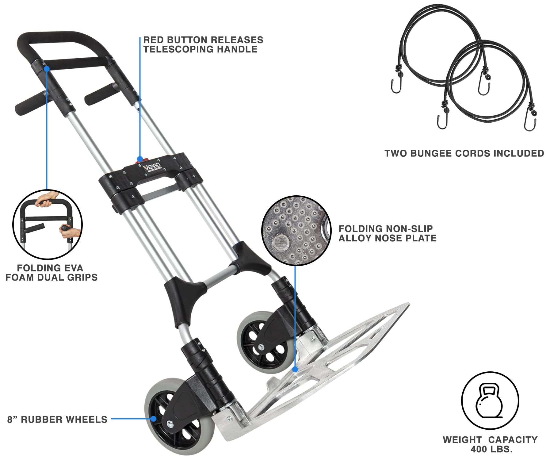 Vergo Industrial 400 lb Capacity Heavy Duty Folding Hand Truck Dolly Cart with Telescoping Handle, Aluminum Foldable Cart with Wheels (S300L)