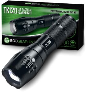 ecogear fx complete led tactical flashlight kit tk120 flashlight with rechargeable battery: high lumens with 5 light modes, water resistant, adjustable focus zoom