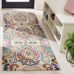 safavieh bella collection 2'3" x 7' ivory/blue bel118a handmade boho premium wool runner rug