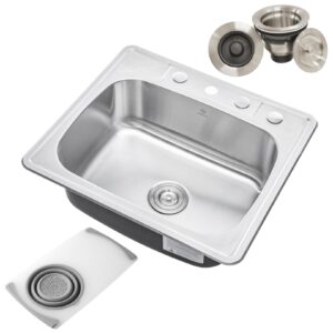 cozyblock 25 x 22 x 9 inch top-mount/drop-in stainless steel single bowl kitchen sink with strainer and protective bottom grid- 18 gauge stainless steel-4 faucet hole