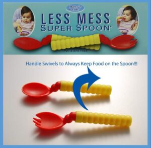 less mess super spoon & spork set | self leveling swivel spoon and spork with rotating handle | teach baby and toddler to learn to self-feed | less mess superspoon