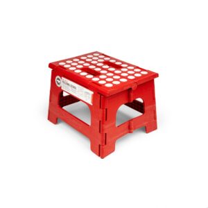 kikkerland rhino foldable step stool – holds adults up to 300 lbs, best for kitchen & bathroom – collapsible, portable, lightweight stepping stool with sturdy, non-slip design – red, 8”