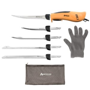 american angler pro professional grade electric fillet knife sportsmen's kit – 110 volt high performance ergonomic motorized handset with five kinds of stainless steel blades, 32352ds