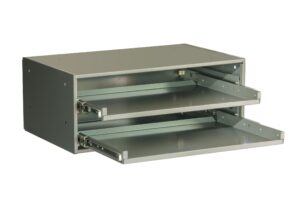 durham 302b-15.75-95 heavy duty bearing slide rack with 2 large compartment boxes, 150 lbs capacity, 15-3/4" length x 20" width x 8-1/8" height, gray powder coated finish