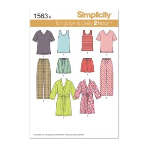 simplicity us1563a easy to sew teen's, men's and women's pajama sewing pattern kit, code 1563, sizes xs-xl