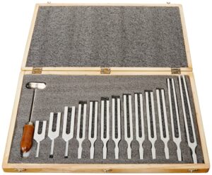 united scientific tfbox13 tuning fork wooden box set with mallet, 13 forks