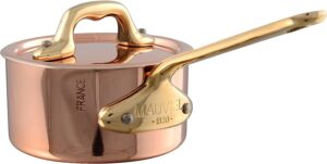 mauviel m'minis polished copper & stainless steel sauce pan with lid, and brass handle, 3.5-in, made in france