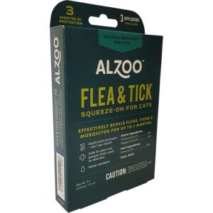 ALZOO Flea & Tick Squeeze-On for Cats, Helps Repel Fleas, Ticks & Mosquitos, Up to 3-Months Protection, 100% Plant-Based Active Ingredients, Water-Resistant, 3 EZ-On Applicators Per Pack