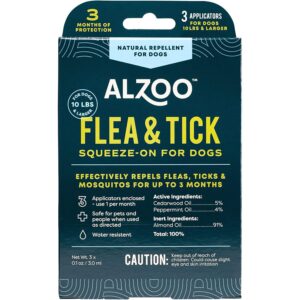 alzoo flea & tick squeeze-on for dogs, helps repel fleas, ticks & mosquitos, up to 3-months protection, 100% plant-based active ingredients, water-resistant, 3 ez-on applicators per pack