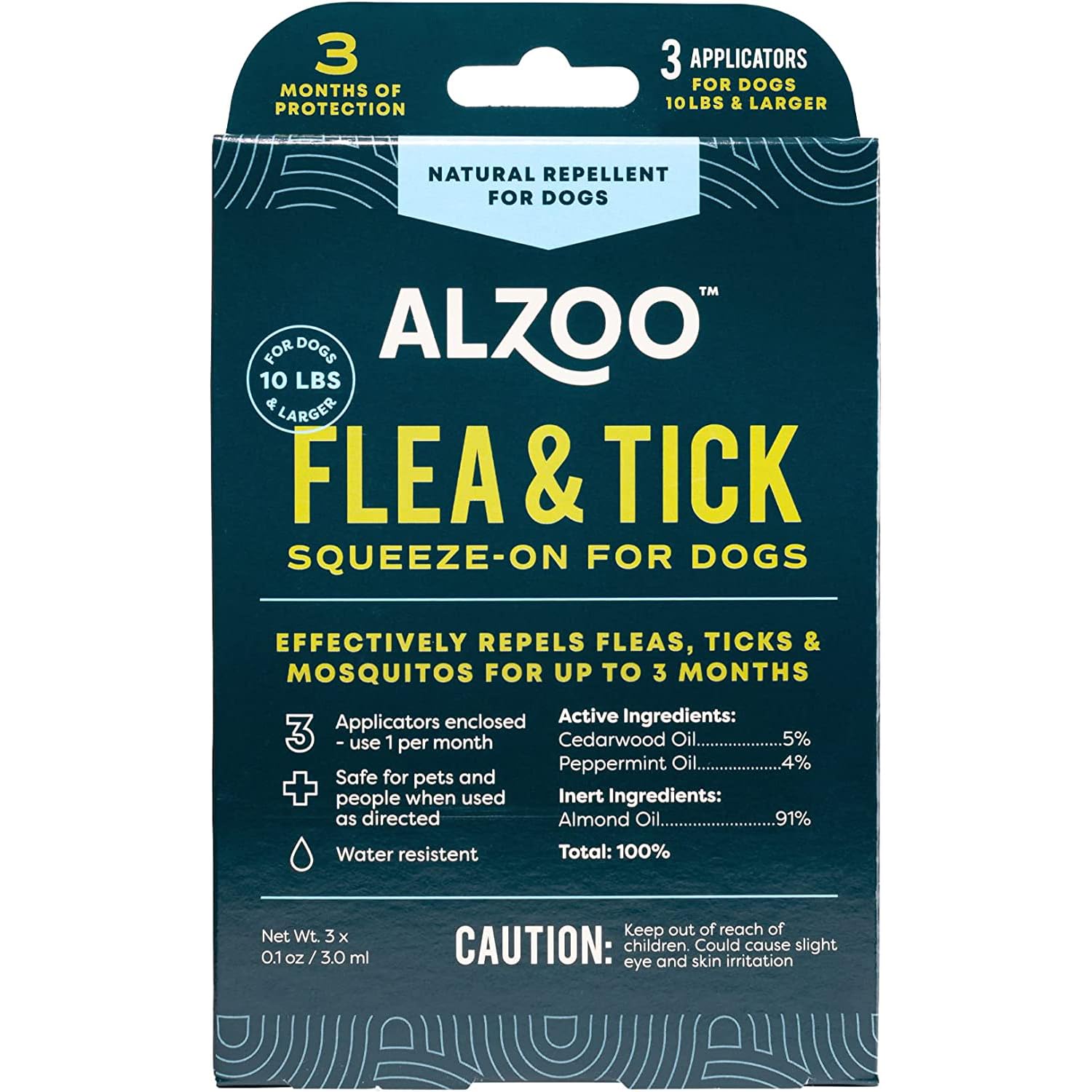 ALZOO Flea & Tick Squeeze-On for Dogs, Helps Repel Fleas, Ticks & Mosquitos, Up to 3-Months Protection, 100% Plant-Based Active Ingredients, Water-Resistant, 3 EZ-On Applicators Per Pack