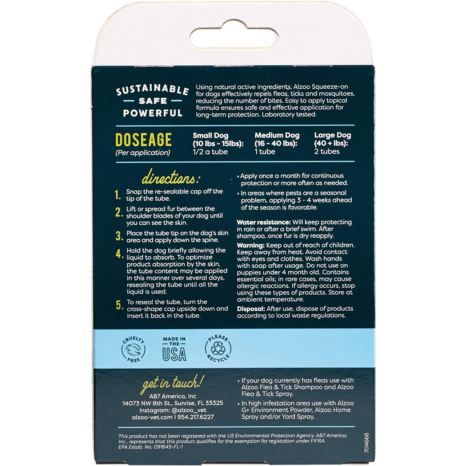 ALZOO Flea & Tick Squeeze-On for Dogs, Helps Repel Fleas, Ticks & Mosquitos, Up to 3-Months Protection, 100% Plant-Based Active Ingredients, Water-Resistant, 3 EZ-On Applicators Per Pack