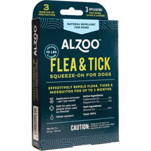 ALZOO Flea & Tick Squeeze-On for Dogs, Helps Repel Fleas, Ticks & Mosquitos, Up to 3-Months Protection, 100% Plant-Based Active Ingredients, Water-Resistant, 3 EZ-On Applicators Per Pack