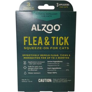 alzoo flea & tick squeeze-on for cats, helps repel fleas, ticks & mosquitos, up to 3-months protection, 100% plant-based active ingredients, water-resistant, 3 ez-on applicators per pack