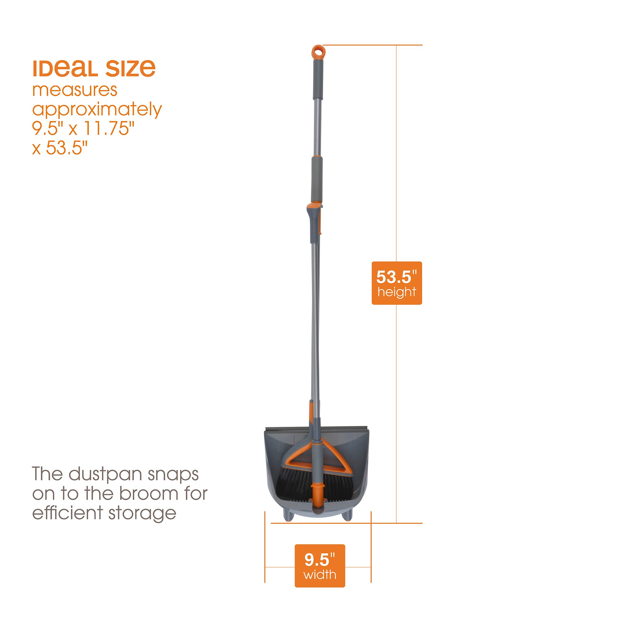 Casabella Quick 'n Easy Upright Broom and Dustpan Set, Gray/Orange