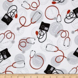 calling all nurses medical tools white, fabric by the yard