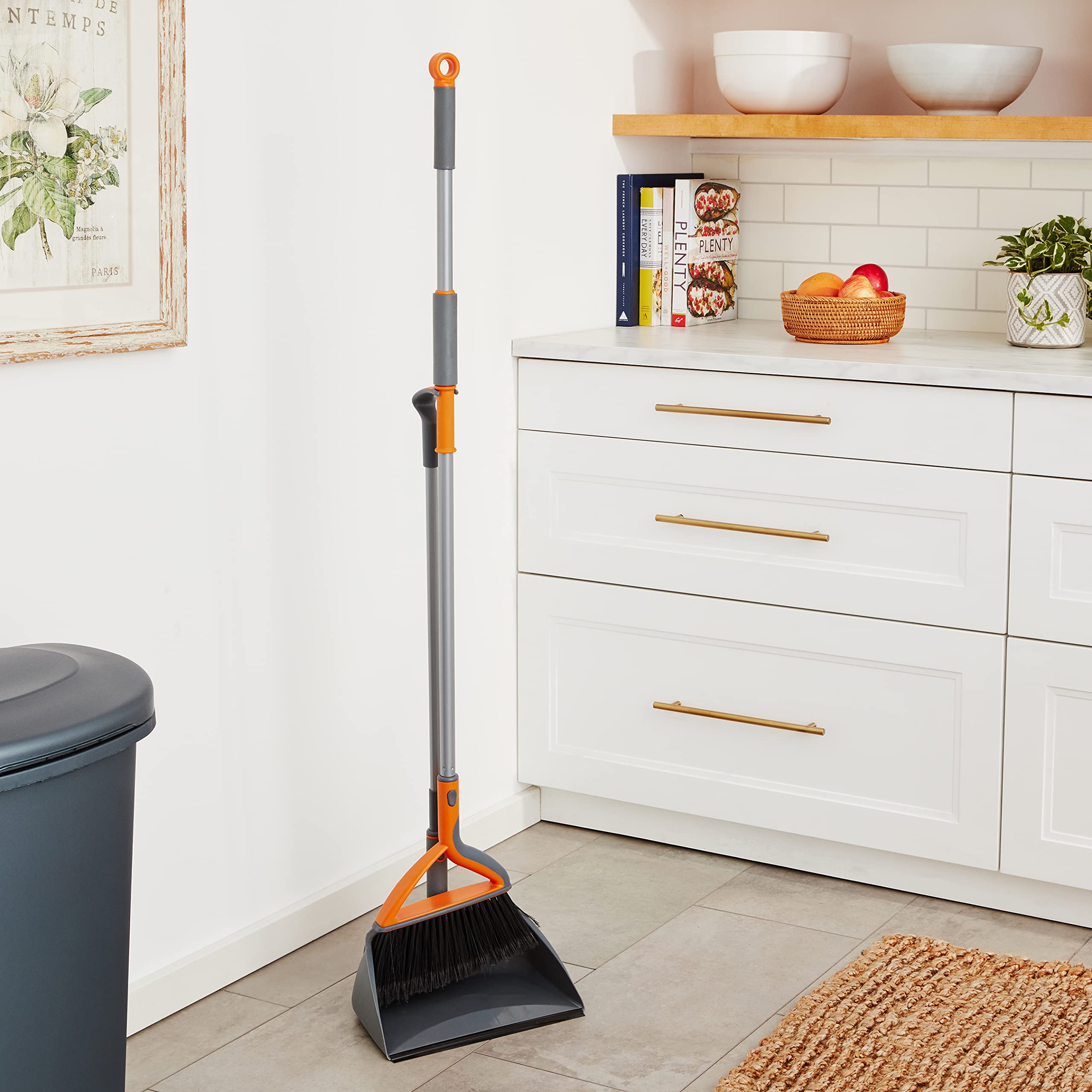 Casabella Quick 'n Easy Upright Broom and Dustpan Set, Gray/Orange