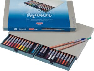 bruynzeel design professional watercolour pencils set of 24 + brush | water soluble artist pencils for drawing, colouring & painting