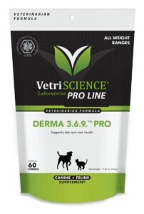 vetriscience derma 3.6.9 pro - dog & cat skin barrier support supplement - aids skin hydration & health - supports healthy shedding for cats & dogs - supplement supports healthy coat - 60 chews