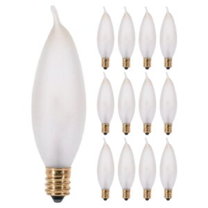 kor pack of 12 – 25 watt flame tip shape frosted candelabra light bulbs, e12 base, 120v, incandescent dimmable. warm white color, 25w for chandeliers, pendants, ceiling fan and sconces