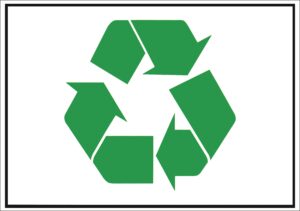 green recycle symbol sticker 7.5 x 10.75 in. encourage recycling. weather resistant.