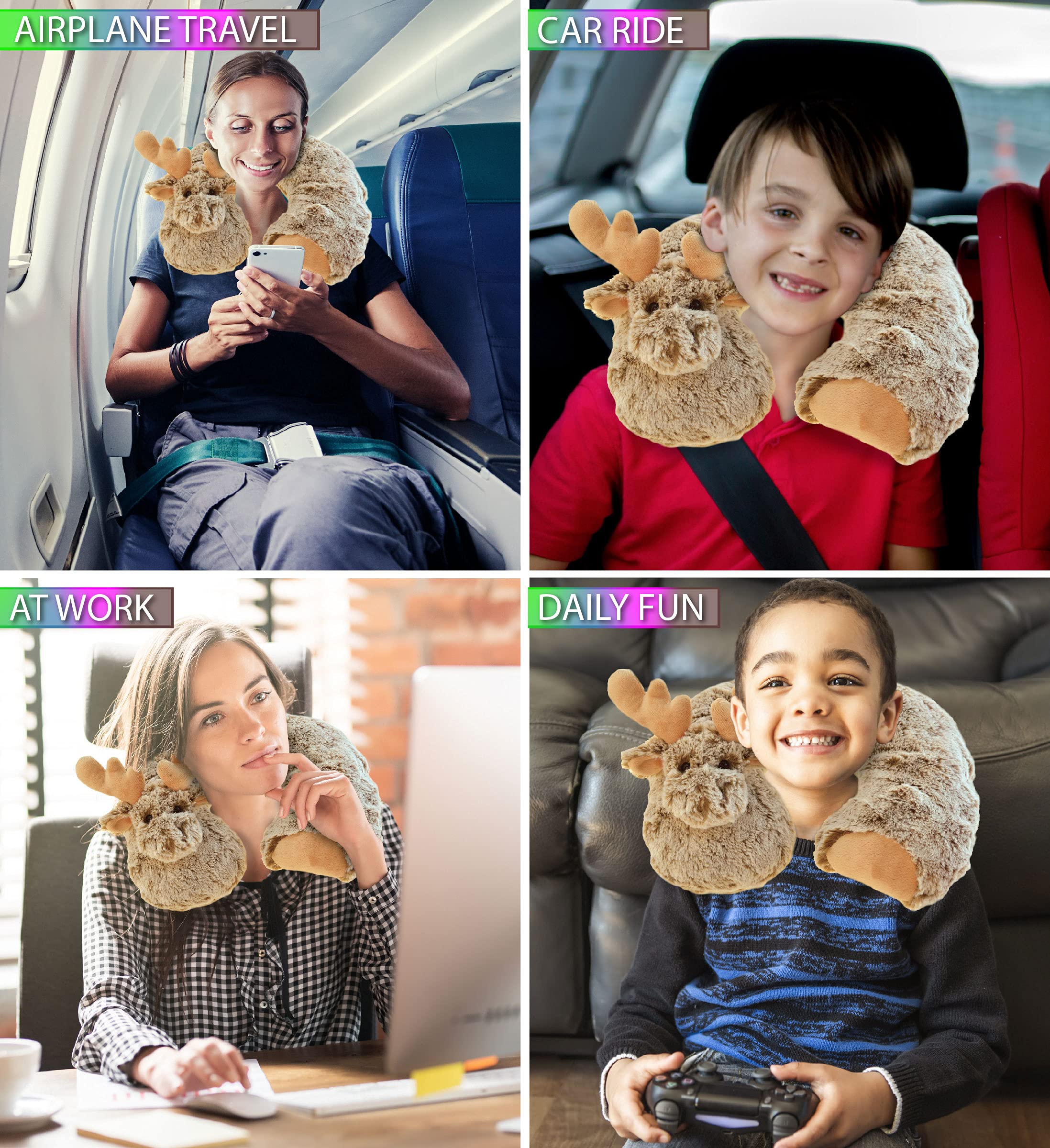 DolliBu Brown Moose Plush Neck Pillow - Soft Travel Neck Pillow Animal for Neck & Head Support, Cute Wild Life Stuffed Pillow Accessory for Naps, Novelty Stuffed Animal Headrest for Kids & Adults