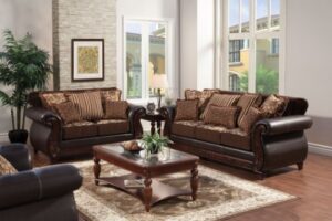 furniture of america esmeralda fabric and leatherette sofa, dark brown finish