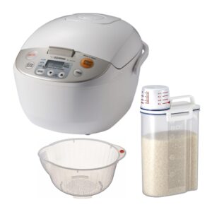 zojirushi micom rice cooker and warmer with bpa-free plastic made compact rice container bundle with inomata rice washing bowl and draine (3 items)