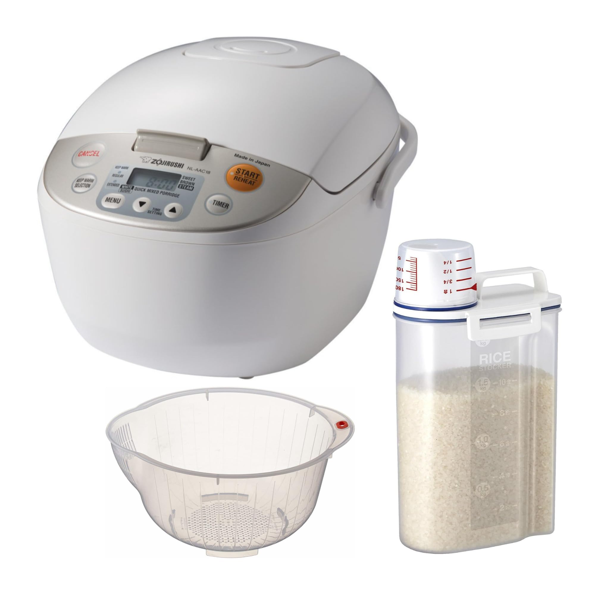 Zojirushi Micom Rice Cooker and Warmer with BPA-Free Plastic Made Compact Rice Container Bundle with Inomata Rice Washing Bowl and Draine (3 Items)