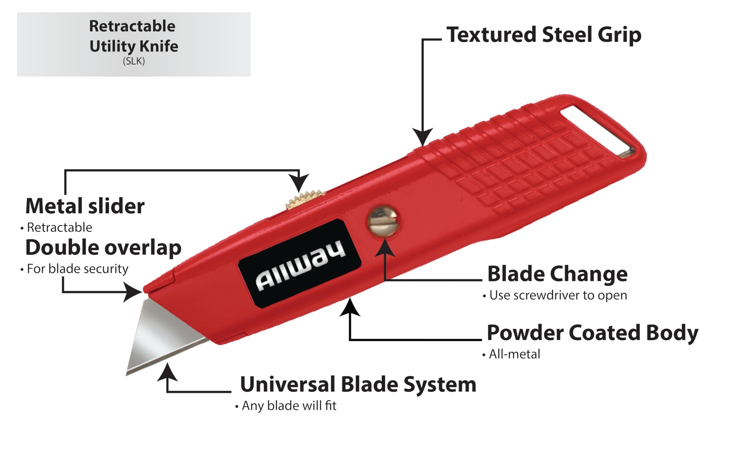 ALLWAY SLK Retractable Utility Knife with Steel Slider and 3 Blades