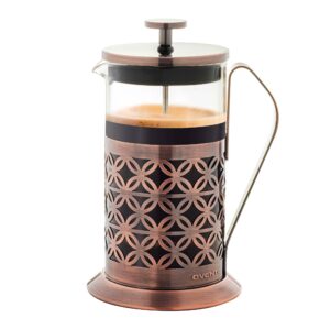 ovente french press coffee maker 34 ounce, 4 filter stainless steel filter plunger system & durable borosilicate heat resistant glass with free scoop, perfect for hot & cold brew, copper fsf34c