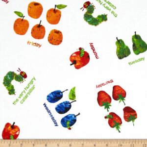 andover the very hungry caterpillar dots small scattered fruit white fabric by the yard