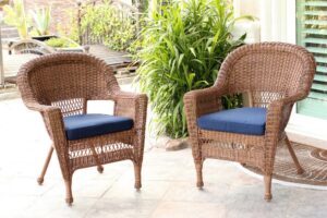 jeco wicker chair in honey with blue cushion (set of 2)