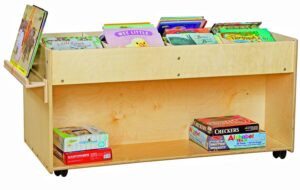 contender 8 section top sided mobile book organizer with side easel for toddlers, bookcase for home, classroom, daycare, montessori shelf in natural finish