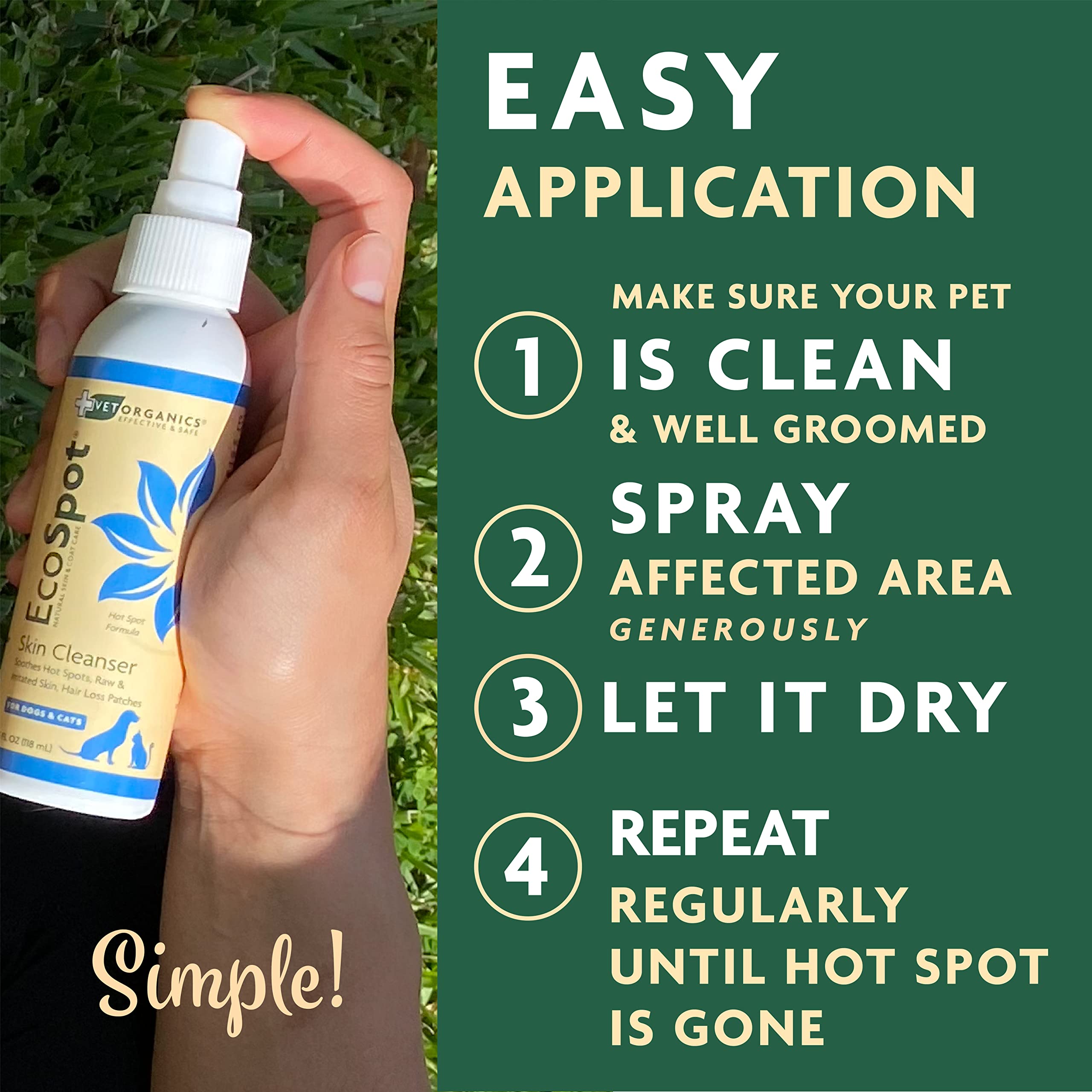 Vet Organics Hot Spot Spray for Dogs and Cats – EcoSpot 4 Oz. Natural Skin Soother Solution for Cat and Dog Allergy Support, Itch Relief, Rashes, and Raw Skin – Cat and Dog Health Supplies