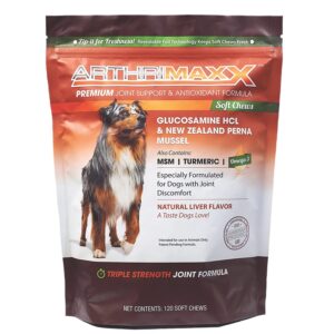 arthrimaxx dog supplements for joint inflammation & arthritis, naturally potent dog joint care, delicious soft chews with turmeric, omega 3, & glucosamine for dogs, natural liver flavor, 120 pc