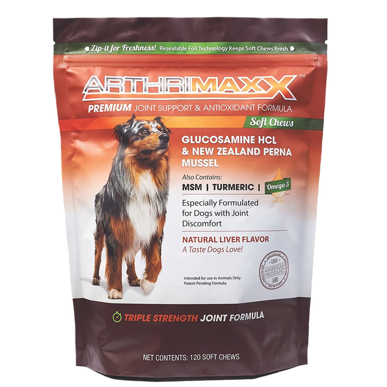 ArthriMAXX Dog Supplements for Joint Inflammation & Arthritis, Naturally Potent Dog Joint Care, Delicious Soft Chews with Turmeric, Omega 3, & Glucosamine for Dogs, Natural Liver Flavor, 120 Pc