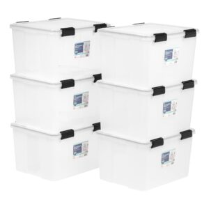 iris usa 46.6 quart plastic storage bin tote organizing container with durable lid and seal and secure latching buckles, 6 pack