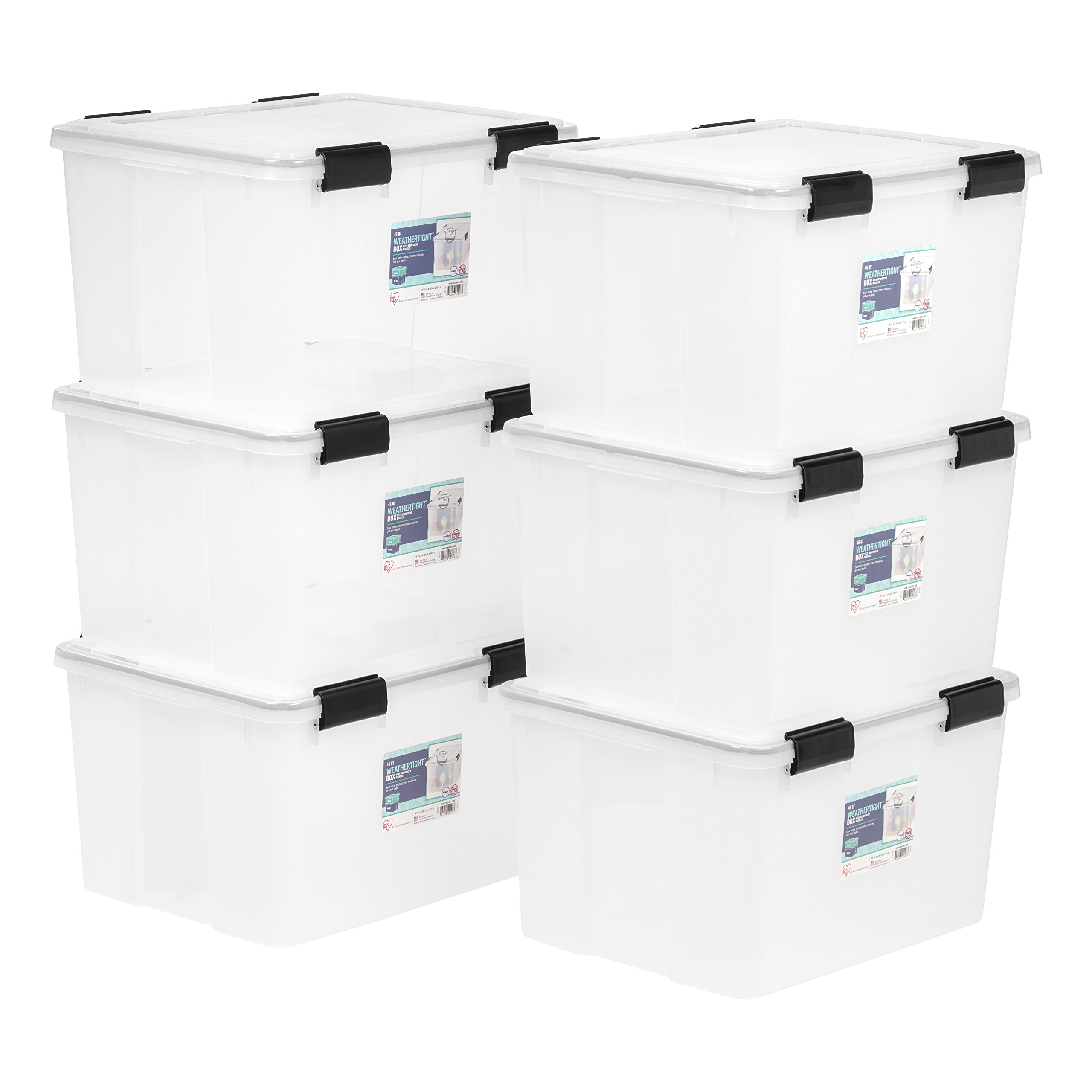 IRIS USA 46.6 Quart Plastic Storage Bin Tote Organizing Container with Durable Lid and Seal and Secure Latching Buckles, 6 Pack