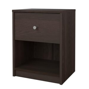 tvilum, 1 drawer 1 shelf nightstand, bedroom furniture, silver drawer knobs, dark brown