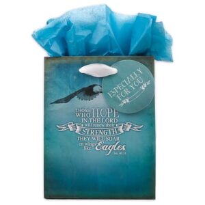 christian art gifts gift bag with tissue paper: on wings like eagles - isaiah 40:31 inspirational bible verse, blue, small