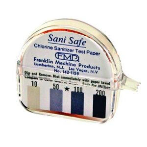 fmp 142-1158, sani-safe chlorine sanitizer test kit, roll of 15 feet long, with color chart, approx 2000 tests, chlorine dip paper measures concentrations of 0-200 ppm