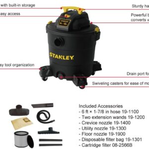 Stanley 12 Gallon 5.5 Peak HP Wet/Dry Vacuum, 3 in 1 Shop Vacuum Blower,1-7/8"x6 Hose, Range for Garage, Carpet Clean, Workshop with Vacuum Attachments-SL18199P,Black