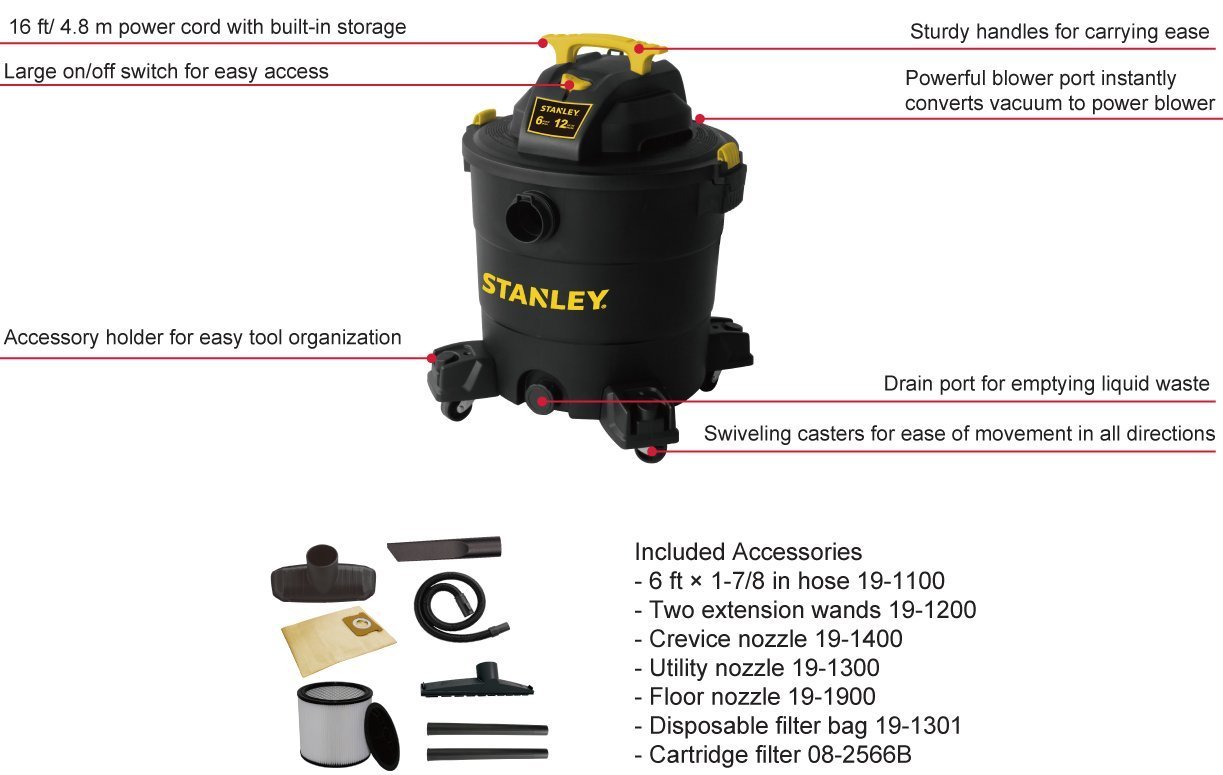 Stanley 12 Gallon 5.5 Peak HP Wet/Dry Vacuum, 3 in 1 Shop Vacuum Blower,1-7/8"x6 Hose, Range for Garage, Carpet Clean, Workshop with Vacuum Attachments-SL18199P,Black