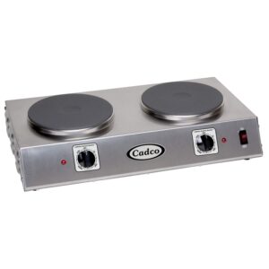 cadco cdr-2c 21-1/4" electric portable countertop space saver hot plate w/two cast iron burners for restaurant hotel food truck concession kiosk, stainless steel, 120v