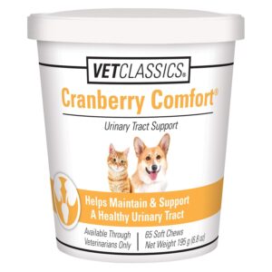 vet classics cranberry comfort urinary tract pet supplement for dogs, cats – maintains dog bladder health, cat bladder control – pet supplements for incontinence – 65 soft chews