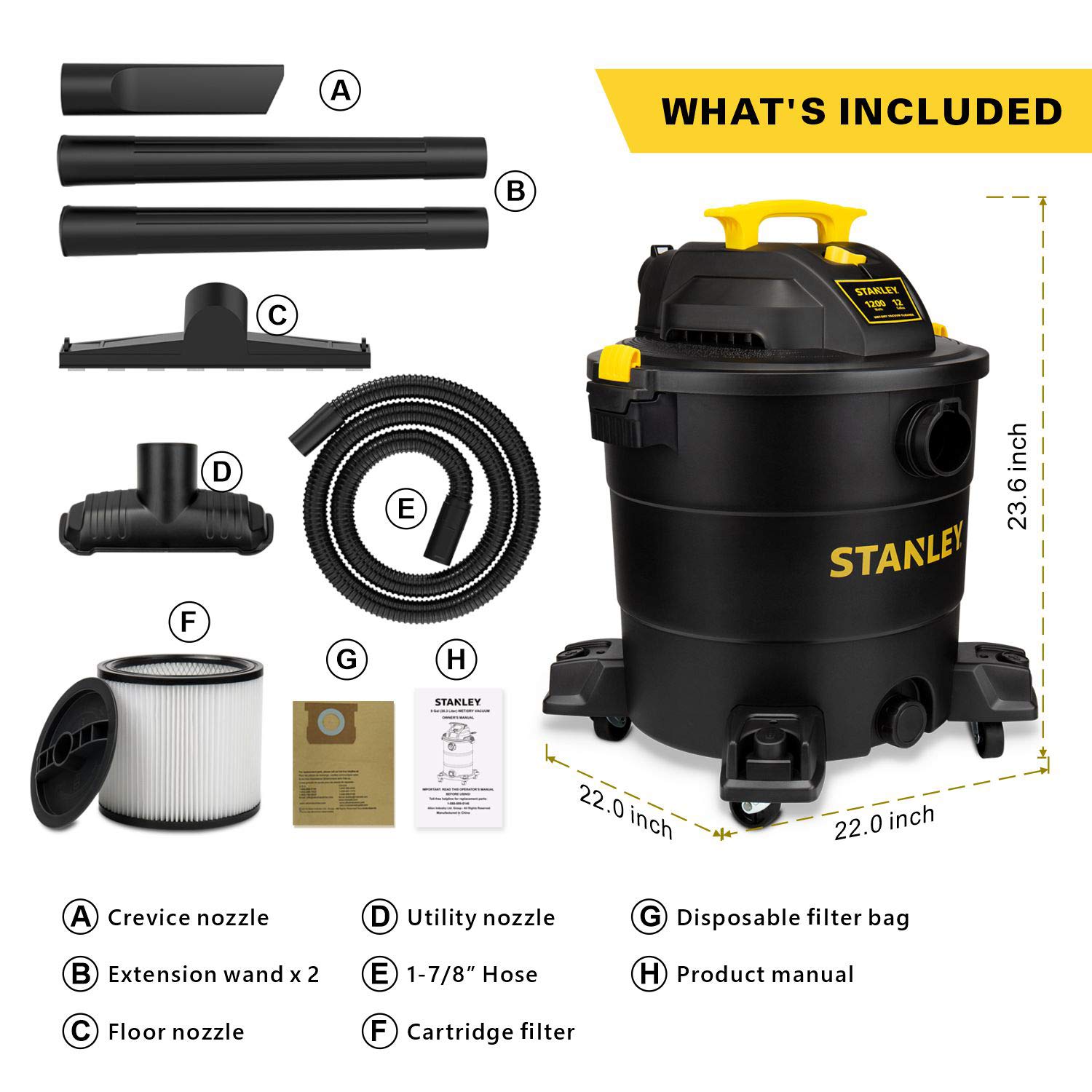 Stanley 12 Gallon 5.5 Peak HP Wet/Dry Vacuum, 3 in 1 Shop Vacuum Blower,1-7/8"x6 Hose, Range for Garage, Carpet Clean, Workshop with Vacuum Attachments-SL18199P,Black