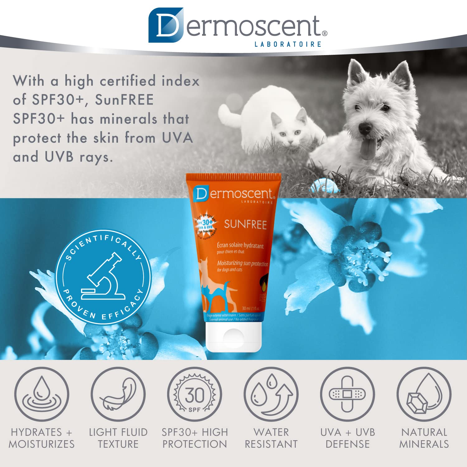 Dermoscent SunFREE SPF30+ Cat & Dog Sunscreen - Safe & Natural Mineral Sunscreen Moisturizing Sun Protection - 30 Ml / 1 Fl. Oz.