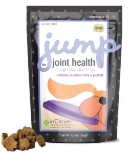 in clover jump soft chews for daily joint care and endurance support for dogs with glucosamine hcl, msm, fish oil, ginger, yucca, and coconut oil for all life stages, 5.3 oz. (30 count)